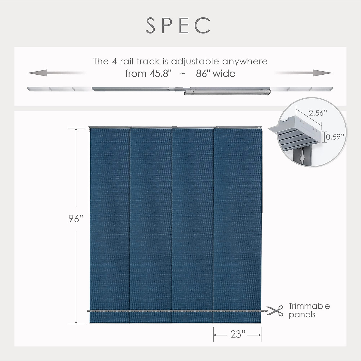 GoDear Design Adjustable Vertical Blinds for Sliding Glass Doors 45.8"- 86" W x 96" H, Extendable Sliding Panel Track Blinds for Windows, Blue Shimmering Trimmable Fabric Panels, Semi-Sheer, Sapphire