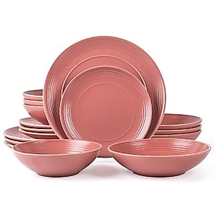 Arora RINGAR Round Stoneware 16pc Double Bowl Dinnerware Set for 4, Dinner Plates, Side Plates, Cereal Bowls, Pasta Bowls - Speckle Matte Red (395438)