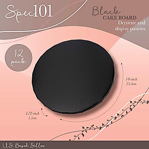 Spec101 Round Cake Boards Bulk 12pk - 10 Inch Cake Drum Round Black Cardboard Base with 1/2 Inch Thick Pleated Foil Edge