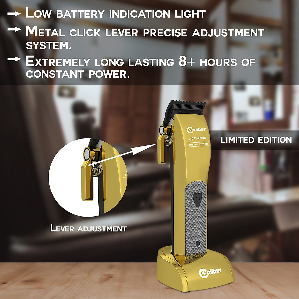 Caliber .50 Cal Limited Edition Clipper - Long Lasting 8+ Hours of Power - Ultra Low Noise Technology - Rechargeable Powerful Battery - Easy Zero Gap Cut - Hair Grooming Tool for Men (Gold)