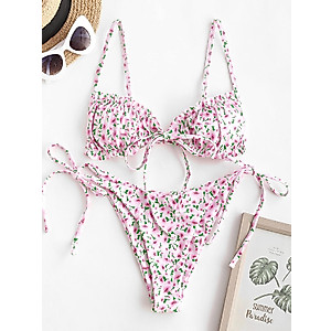 ZAFUL Ditsy Floral Frilled Tie Knot Front Strappy Bikini Sets Swimwear Pink