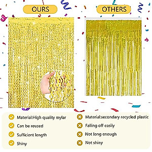 3 Pcs Fringe Curtain Backdrop,3.3 x 6.6 ft Wave Streamers Tinsel Metallic Curtains Photo Backdrop Streamers for Mermaid Birthday Under Sea Ocean Themed Party Decorations (Gold)