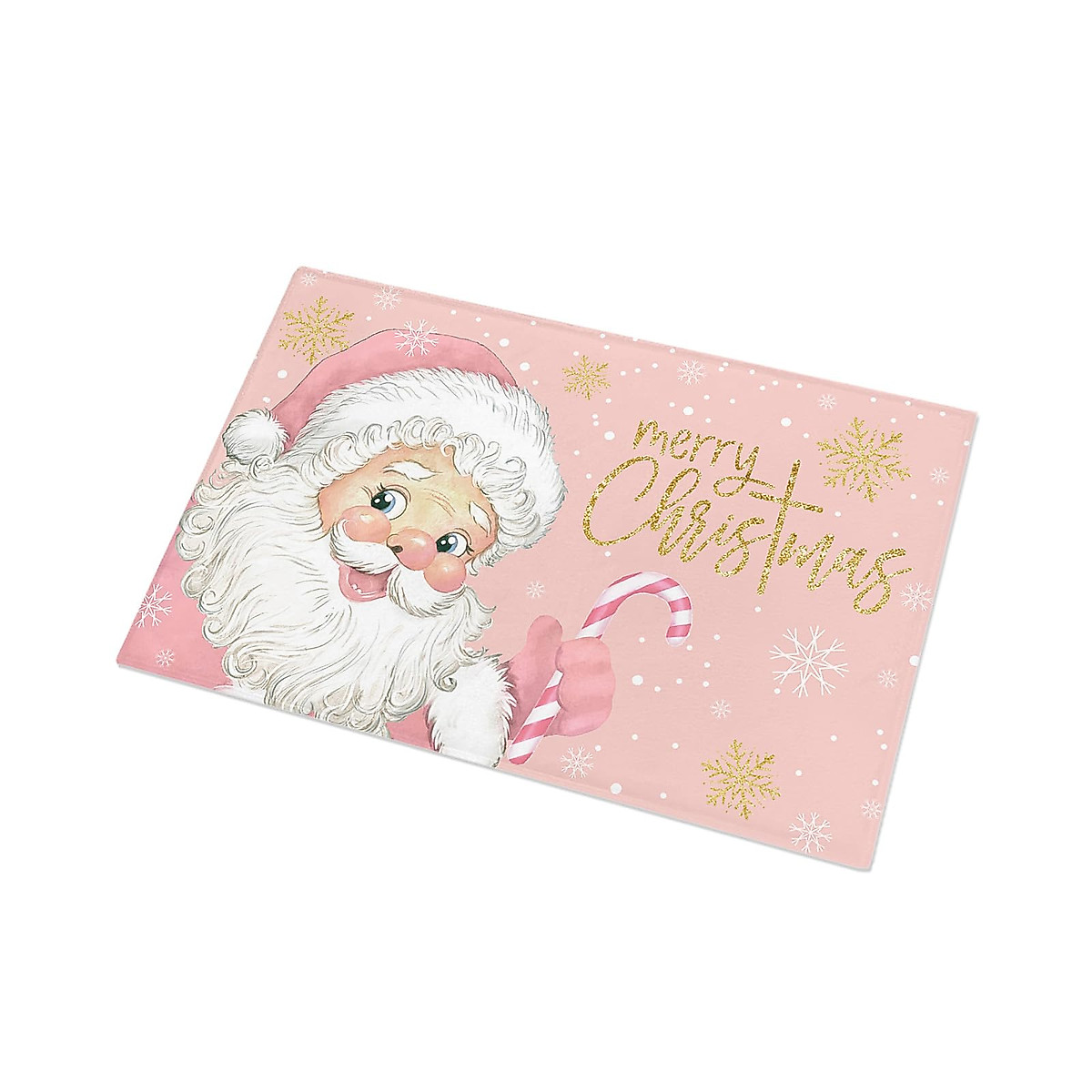 Christmas Pink Santa Claus Floor Door Mats Shag Carpet,Xmas Gold Foil Snowflake Non Slip Super Soft Bath Rugs,Winter Snow Shaggy Fuzzy Area Rug for Kitchen/Bathroom/Bedroom/Living Room Decor 16x24in
