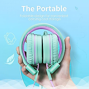 POWMEE P10 Kids Headphones with Microphone Stereo Headphones for Children Boys Girls,Adjustable 85dB/94dB Volume Control Foldable On-Ear Headphone with Microphone for School/PC/Cellphone(Green)