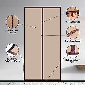 Magnetic Insulated Door Curtain, Thermal Door Cover Door Screen Auto Closer Self-Closing Privacy Screen Door for Air Conditioner Room, Patio, Bedroom-Hands Free, Fit Doors Size Up to 34" x 80", Coffee