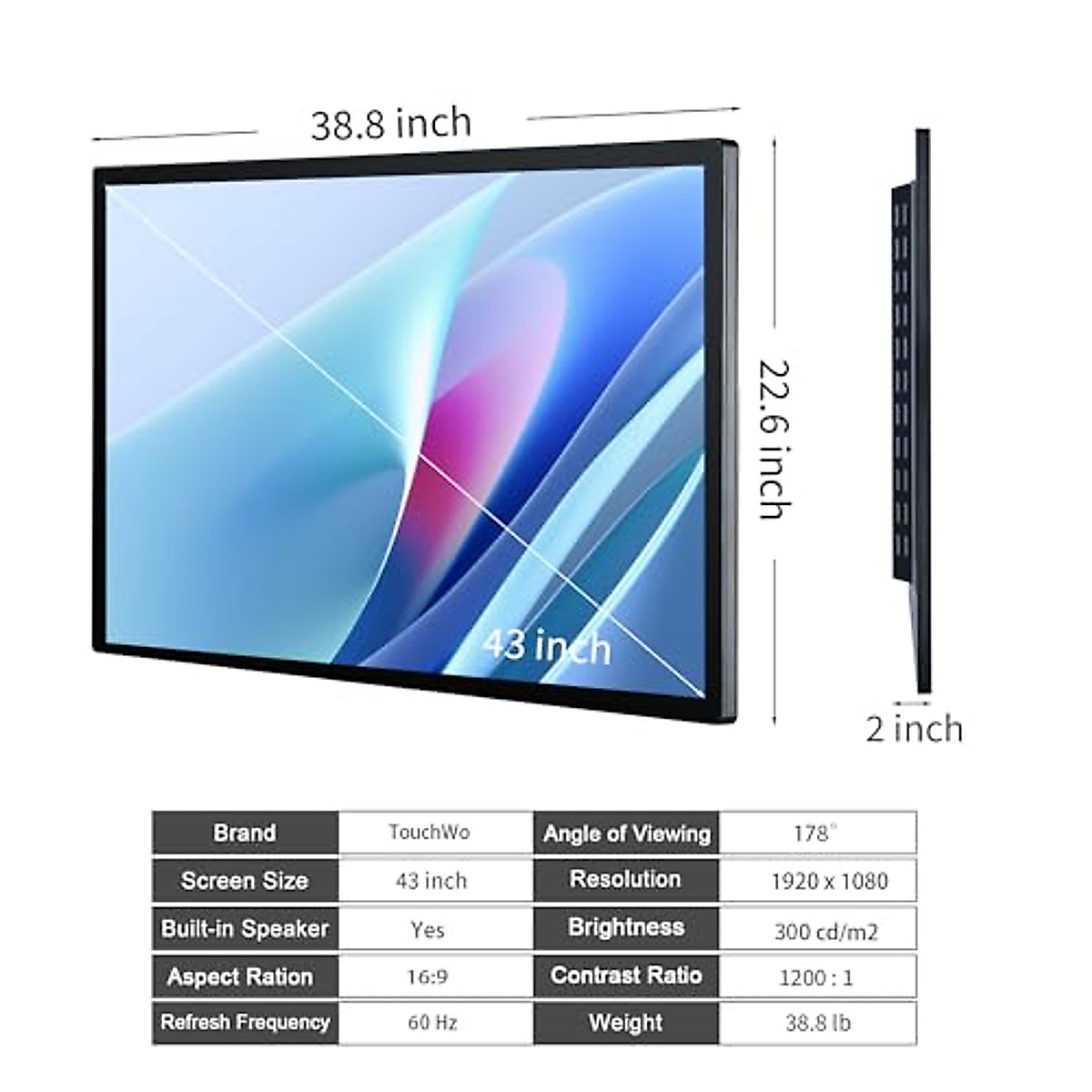 TouchWo 43 inch Interactive Touchscreen Monitor, Smart Board with 16:9 Display 1080P, Android 11 Touchscreen Electronic Whiteboard for Office and Classroom, RAM 4G & ROM 32G