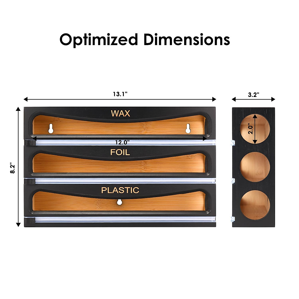 Cozee Bay Bamboo Wrap Dispenser with Cutter, Plastic Wrap Organizer, Aluminum Foil Organization, and Wax Paper Dispenser Holder for Kitchen Drawer and Wall, Compatible with 12" Roll (Black)