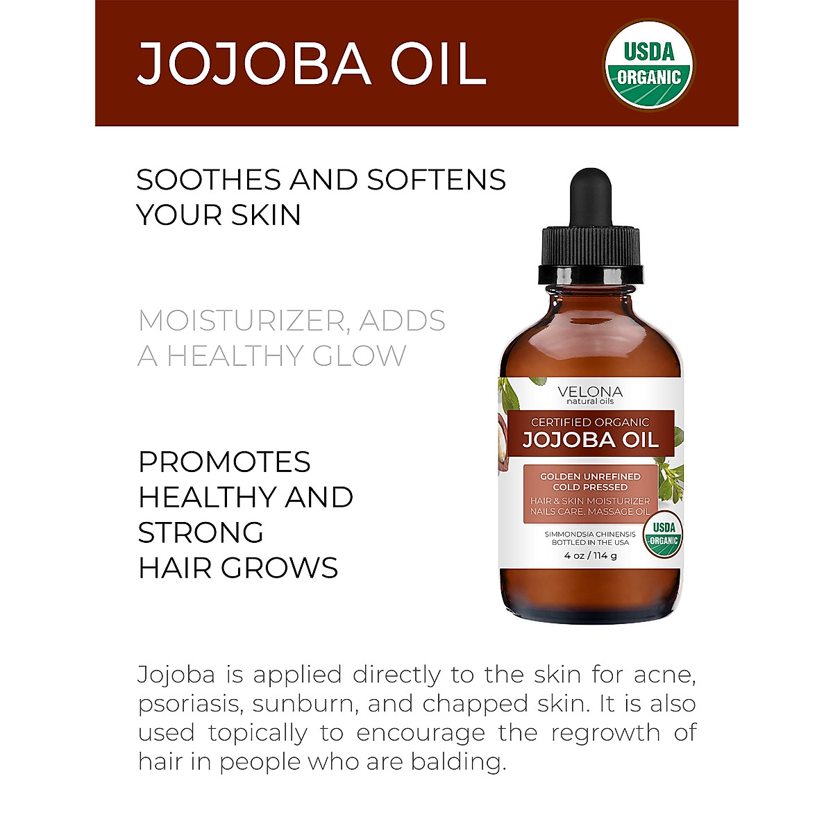velona Jojoba Oil USDA Certified Organic - 4 fl oz (With Dropper) | Golden, Unrefined, Cold Pressed | Hexane Free