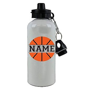 Personalized Custom Add your Name - Basketball Aluminum White Finish 20 Ounce Sport Water Bottle, 2 Lids Customizable