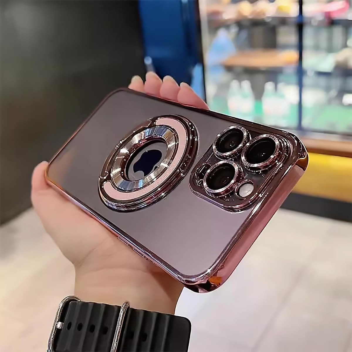 Uioeua Compatible with iPhone 13 Pro Max Magnetic Clear Kickstand Case,Luxury Plating Transparent Bracket MagSafe Case with Full Camera Lens Protector for iPhone 13 Pro Max Women Girl Men-Elegant Pink