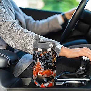 Japan Fancy Carp Fishes 30oz Stainless Steel Insulated Tumbler with Straw & Foldable Handle - Leakproof, Double-Wall Vacuum Travel Thermos for Hot/Cold Drinks, Non-Slip Base, Fit Cup Holders