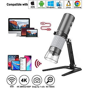 Jiusion WiFi USB Digital Handheld Microscope, 50 to 1000x Wireless Magnification Endoscope 4K 3840x2160P Camera 8 LEDs with Metal Stand for iPhone iPad Android Mac Windows Linux Chrome