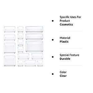 16 Pcs Drawer Organizer Set Dresser Desk Drawer Dividers - 5 Size Bathroom Vanity Cosmetic Makeup Trays - Multipurpose Clear Plastic Storage Bins for Jewelries, Kitchen Gadgets and Office Accessories