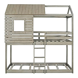 Mesnt Twin Bunk Bed Frame | Twin Over Twin Bunk Bed Wood Loft Bed with Roof, Window, Guardrail, Ladder Antique Gray