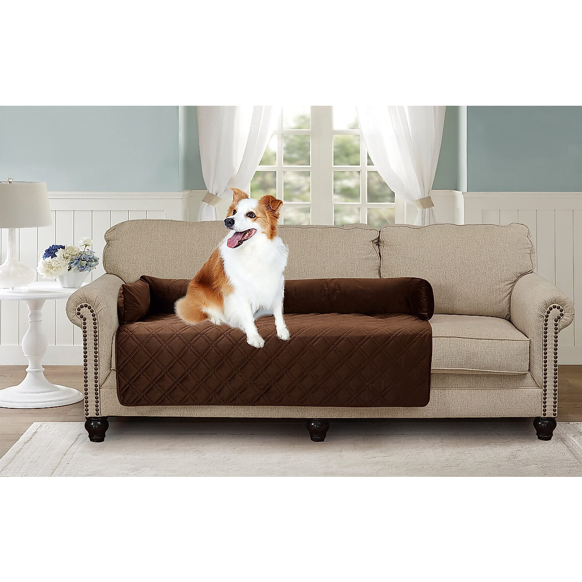 Brilliant Sunshine Premium Chocolate Silky Velvet Pet Sofa Bed, Slip Resistant, Waterproof, Washable Couch Protector with Removable Bolster Cushions, Furniture Covers for Dogs, X-Large, Chocolate