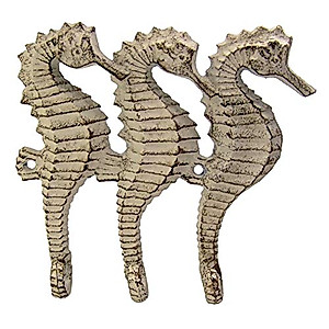 Large Rustic White Cast Iron Sea Horse Wall Hooks, 8 3/4 Inch