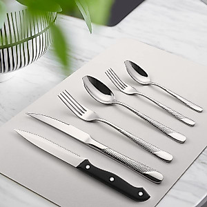 Stainless Steel Flatware Sets, 48-Piece Silver Hammered Sliverware Set with Steak Knife, Kitchen Utensil Set Service for 8, Mirror Polished Tableware Set For Home Restaurant Hotel