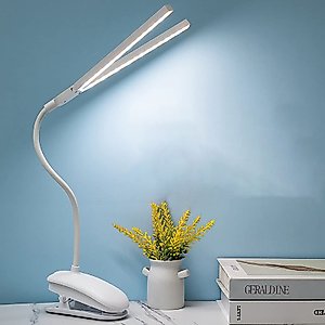 GcSige Dual Head LED Desk Lamp with Clamp, Eye-Caring Clip on Lights for Home Office, 3500mAh Rechargeable Battery Operated Table Lamps,3 Lighting Modes & Brightness Dimmer Light for Kids Students