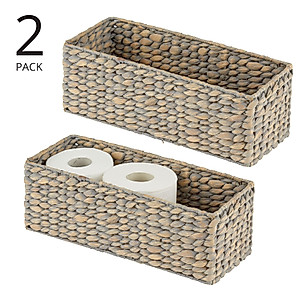 mDesign Woven Hyacinth Narrow Bathroom Toilet Roll Holder Storage Organizer Basket Bin - Rectangle Containers for Bathroom, Toilet Tank - Hold 3 Rolls of Toilet Paper - 2 Pack - Gray