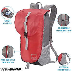 Lewis N. Clark Lightweight Packable Backpack Bag w/RFID Pocket, Red/Gray, 18 inch