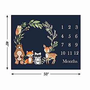 Popfavors Yuzioey Woodland Baby Monthly Milestone, Woodland Greenery Baby Growth Chart Monthly Blanket, Watch Me Grow Baby Forest Nursery Gift for New Moms Baby Shower, Includes Marker (Black, 50x40)