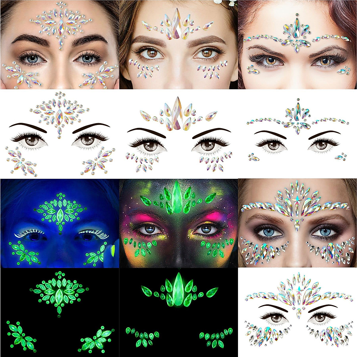 4 Sheets Euphoria Face Gems+10g Chunky Glitter, Rhinestones Stickers Glow in The Dark-Luminous Gems Body Makeup for Music Festivals Rave Carnival Cosplay Gifts for Women(2Luminous)