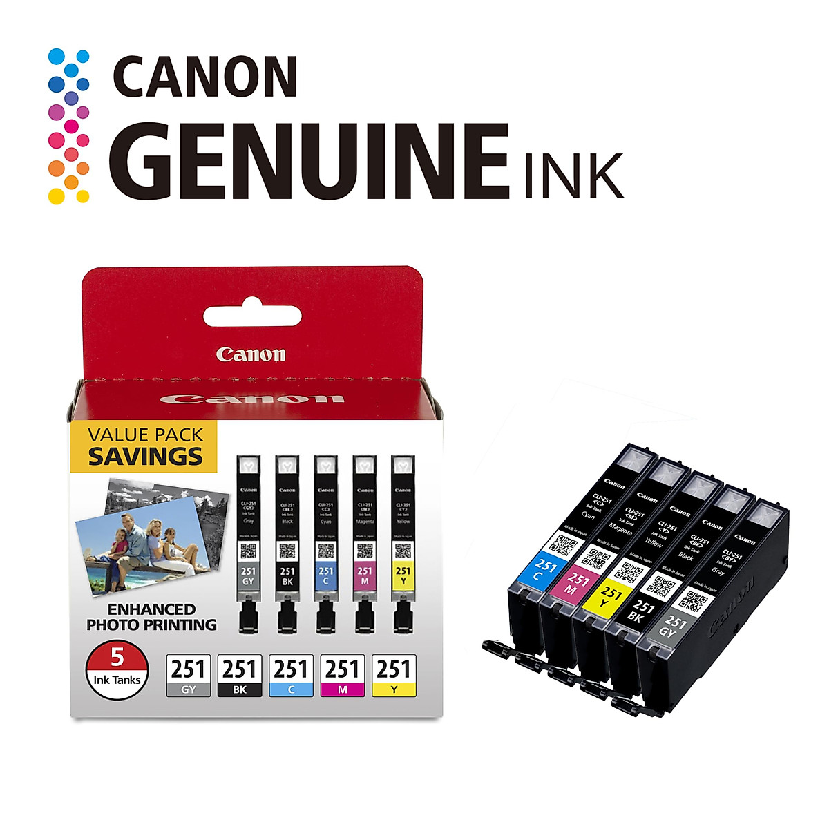 Canon CLI-251 BK/C/M/Y/GY 5 Color Value Pack Compatible to MG7520, MG5620, MG6620