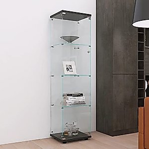 4-Shelf Glass Display Cabinet with Lock, Upgraded Quick-Install Curio Cabinets with Glass Doors Trophy Display Case Thicken Tempered Glass Floor Standing Bookshelf for Bedroom, Living Room (Black)