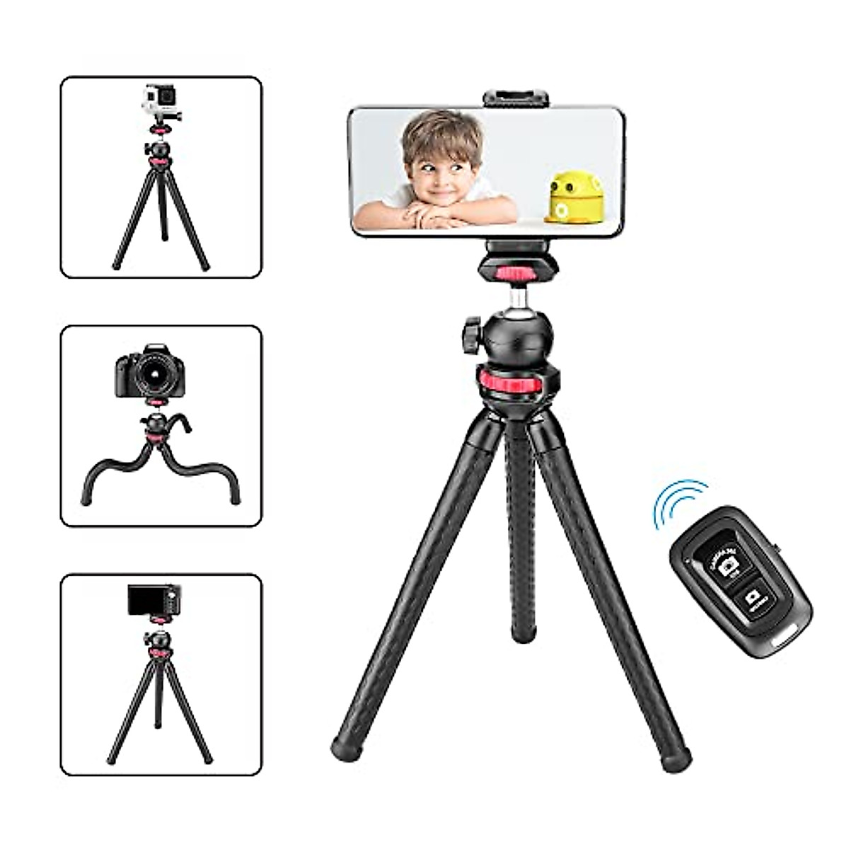 MagicLine Octopus Flexible Photo Tripod with 360 Degree Ball Head,Phone Holder (Built-in Cold Shoe), Gopro Adaptor and Wireless Remote, Tabletop and Mini Tripod for Camera/Phone/Webcam