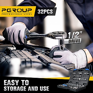 pgroup 1/2 inch Drive 8mm-32mm Metric socket set, 32-piece Mechanic Tool Socket Ratchet Wrench Set, for Auto Repairing & Household