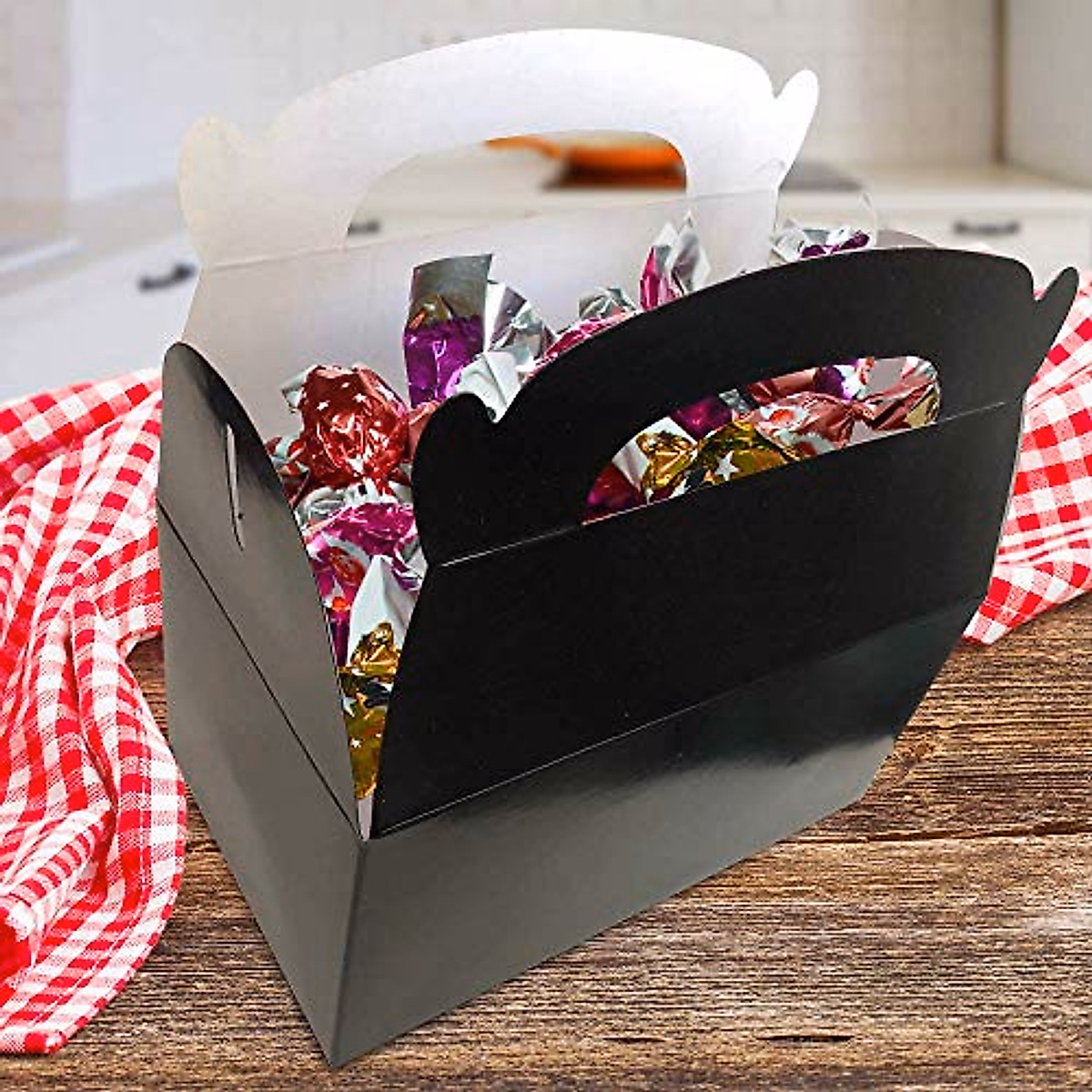 ArtCreativity Black Treat Boxes for Candy, Cookies and Party Favors - Pack of 12 Cookie Boxes, Cute Cardboard Boxes with Handles for Birthday Party Favors, Holiday Goodies