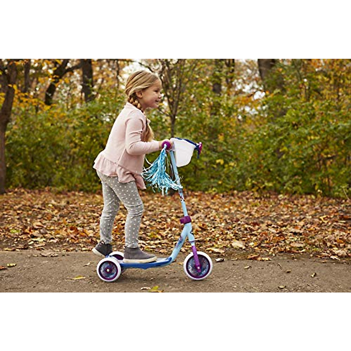 Huffy 78919 Frozen 2 Girl Scooter for Kids, Elsa & Anna Graphics, Handlebar Bin, Preschool Three Wheels & Streamers, Blue/White