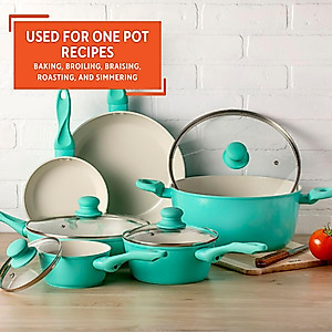 IMUSA USA 10pc Forged Nonstick white Interior Ceramic Teal Cookware Set