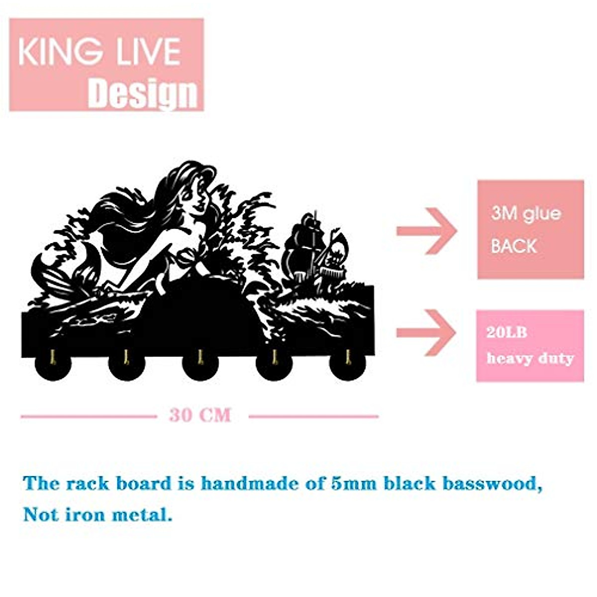 Disney Mermaid Cartoon Animation Key Hooks- Clothes Hooks, Wood Key Holders for Entryway,Kitchen,Living Room ,Child Gift.