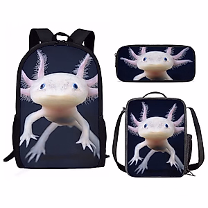 AmzPrint Axolotl Animal Print Bookbag With Lunchbox For Girls American Children Back To School Gift 3pcs Backpack Set
