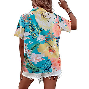 Hawaiian Shirts for Women Soft Cool Summer Hawaiian Shirt Floral Tropic Print Tees V Neck Button Up Short Sleeve Top Pink Blue