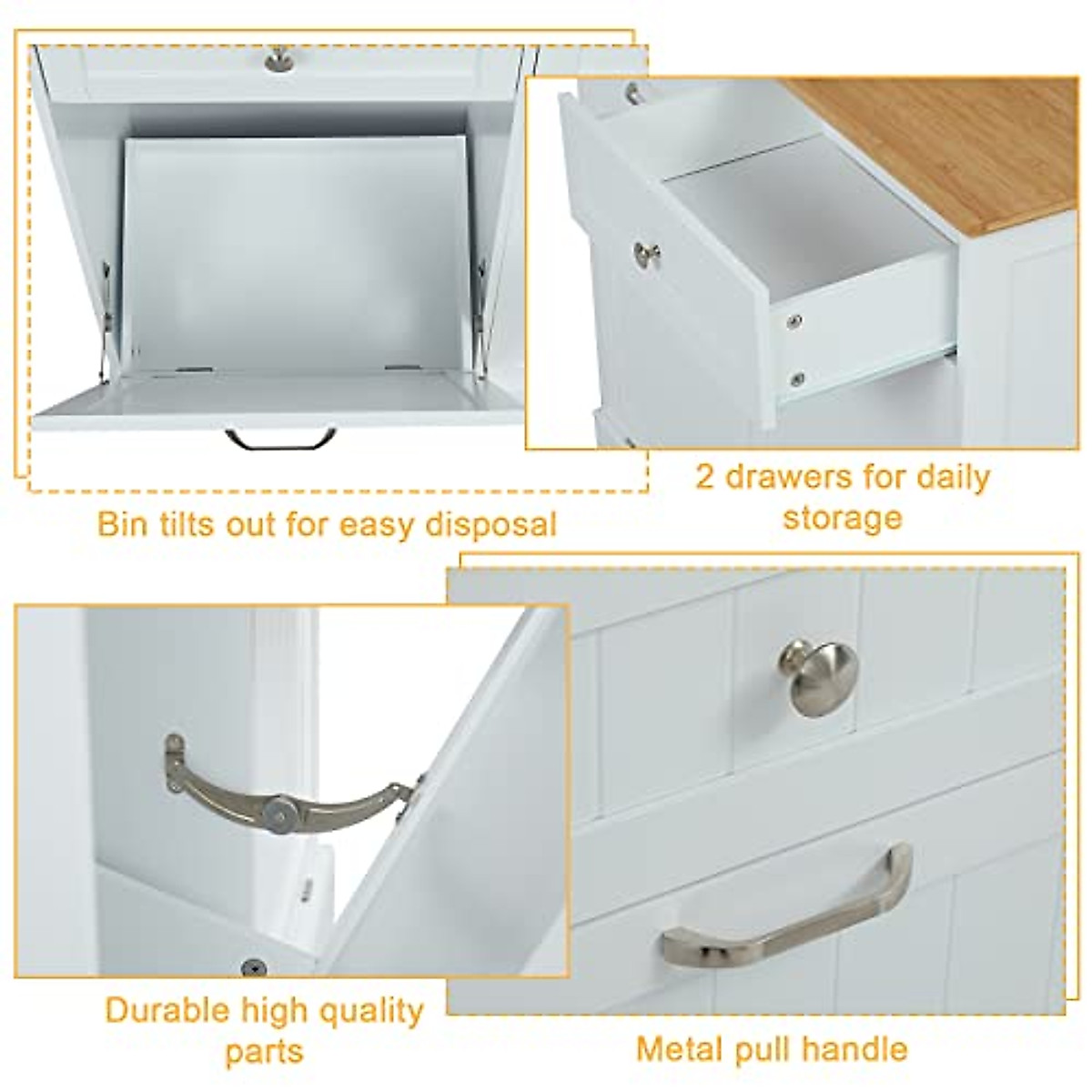 J-SUN-7 Double Tilt Out Trash Cabinet - Wooden Free Standing Kitchen Trash Can with 2 Hideaway Drawers, Multifunctional Trash Can Cabinet with Removable Cutting Board, White