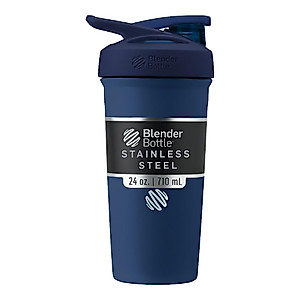 BlenderBottle Strada Shaker Cup Insulated Stainless Steel Water Bottle with Wire Whisk, 24-Ounce, Navy