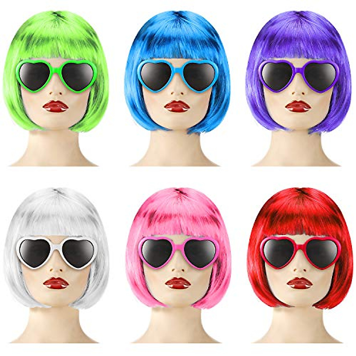 6 Pieces Party Wigs and Sunglasses Set Include Neon Short Bob Wig Colorful Sunglasses Cosplay Wig Daily Party Hairpieces for Halloween Party Supplies
