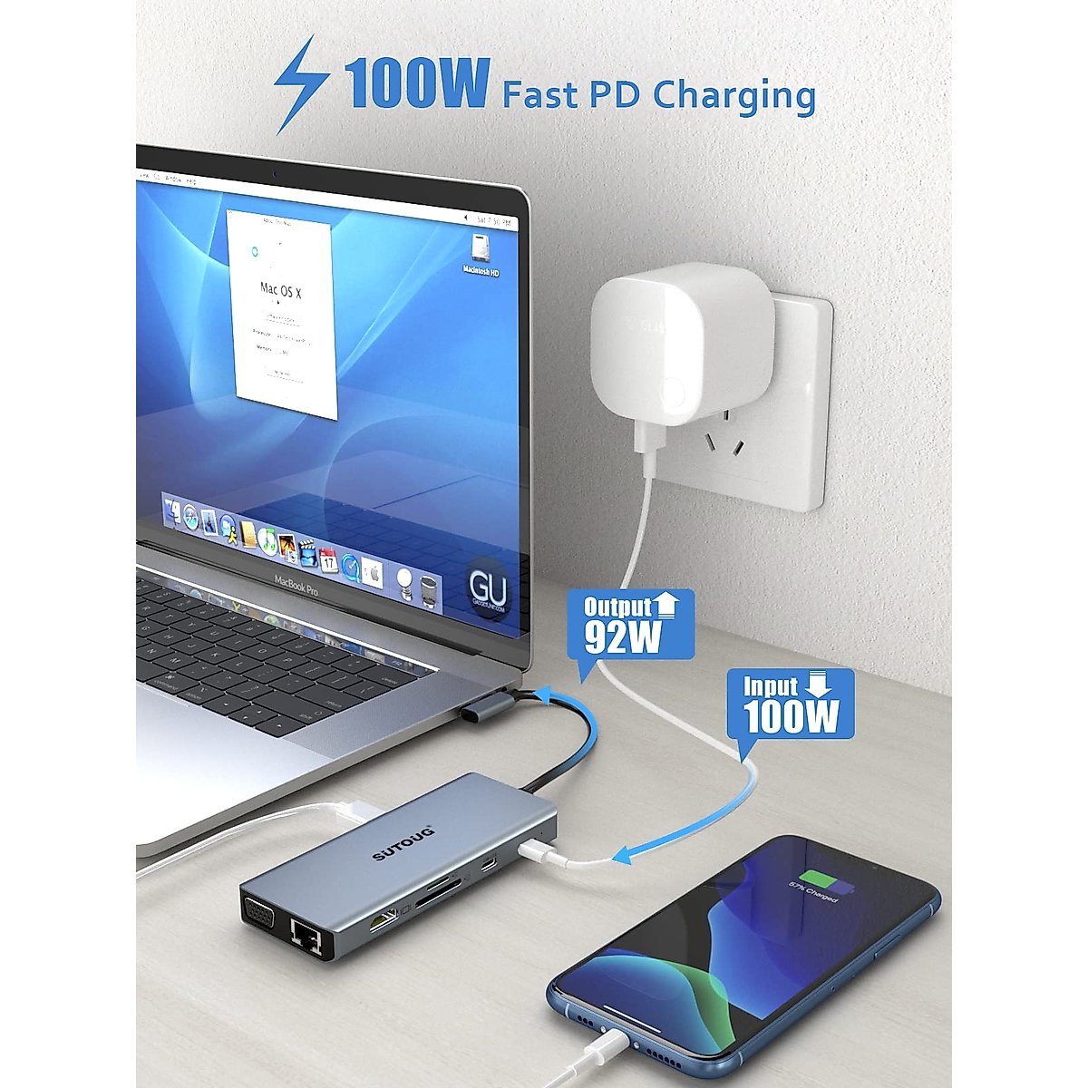 USB C Hub, SUTOUG 12 in 1 Docking Station with 4K HDMI & 1080P VGA, 92W PD, 1Gbps Ethernet, USB-C 3.0 & 4 USB-A Data Ports, SD TF Card Reader, USB C Adapter for Surface Pro MacBook Pro Air & Windows