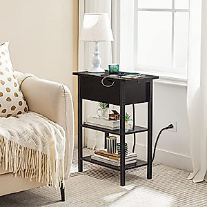 HOOBRO Side Table, Flip End Table with Charging Station and Shelves, USB Ports & Power Outlets, Narrow Nightstand for Small Spaces, Stable and Sturdy, for Living Room, Black BK341BZ01