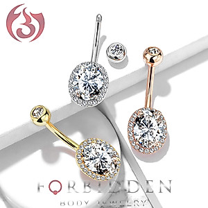 Forbidden Body Jewelry Surgical Steel Double Tiered Fancy CZ Oval Belly Button Ring with Large CZ Center, Clear (Gold Tone)