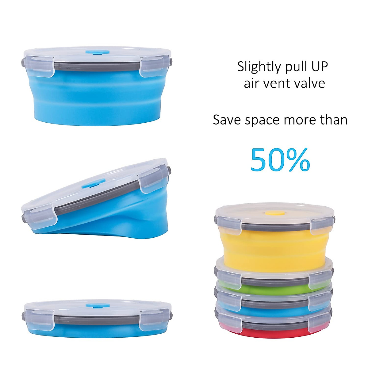 Collapsible Food Storage Containers with Lid, Bundle of 3 Sizes, 12 Pack, Kitchen Stacking Silicone Collapsible Meal Prep Container Set for Leftover, Microwave Freezer Dishwasher Safe, 4 Colors