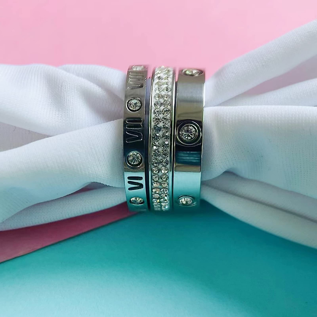 YIKOXI 3pcs Love Friendship Lucky Ring Cubic Zirconia Gold Ring Sets for Women Stainless Steel Wedding Statement Thumb Ring Bands (Silver, 8)