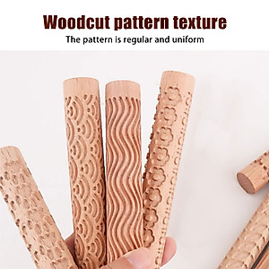 6Pcs Clay Modeling Pattern Rollers, Large Texture Rollers for Clay Wooden Handle Pottery Tools Snowflakes Stars Wood Wave Pattern Clay Rolling Pottery Ceramic Carved Tools for DIY Handcrafts (B)