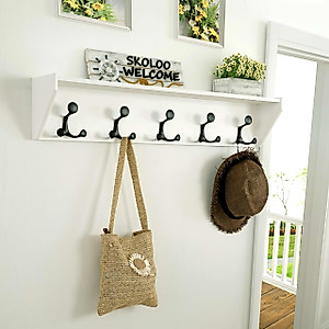 SKOLOO Wall Shelf with Hooks, 35-Inch White Coat Rack Wall Mount with Shelf Organizer - Heavy Duty, 5 Tri Hooks - Perfect for Entryway, Hallway, Living Room, Bedroom, Mudroom