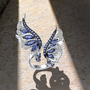 Santuzza 925 Sterling Silver Blue Wings Ring Blue Nano Cubic Zirconia Angel Wing Ring for Women (8)