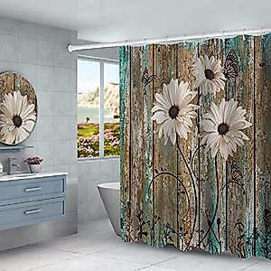 4 PCS Rustic Flower Shower Curtain Set with Non-Slip Rug,Toilet Lid Cover,U Shape Mat,Farmhouse Waterproof Fabric Shower?Curtains with 12 Hooks and Rug Mat Set for Bathroom,71''L