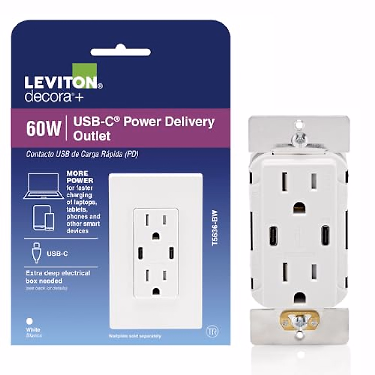 Leviton T5636-W 60W USB Dual Type-C Power Delivery In-Wall Charger with 15A Outlet, USB Charger for Laptops, Smartphones, Tablets, and More, White