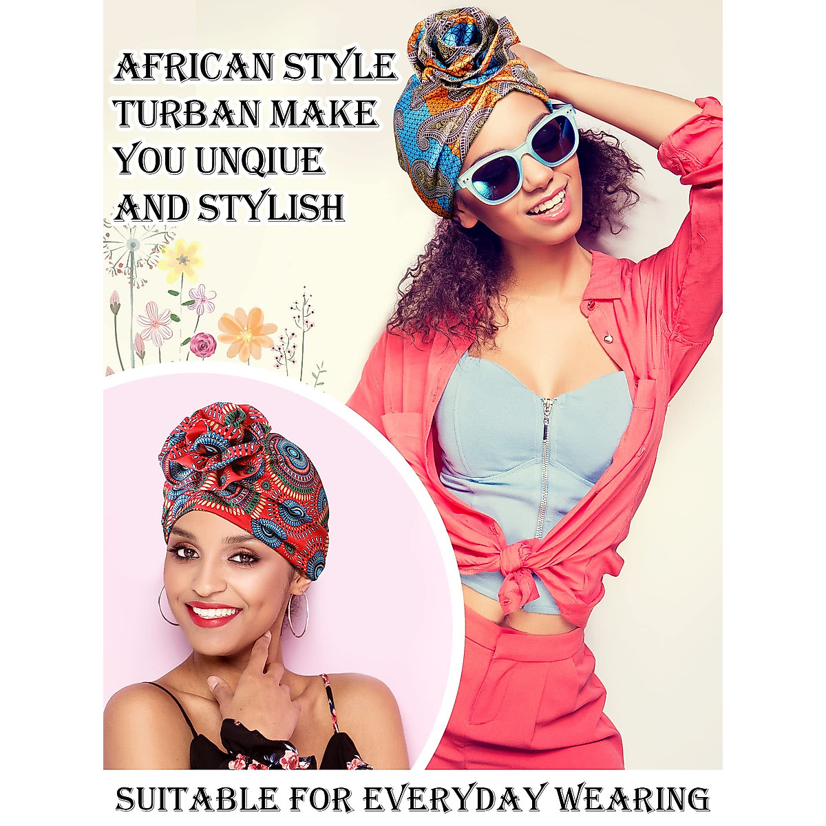 SATINIOR 8 Pieces Turbans African Pattern Knot Headwrap Bohemian Print Pre Tied Flower Knot Bonnet Hat for Women Girls (Vivid Style), One Size Multicoloured